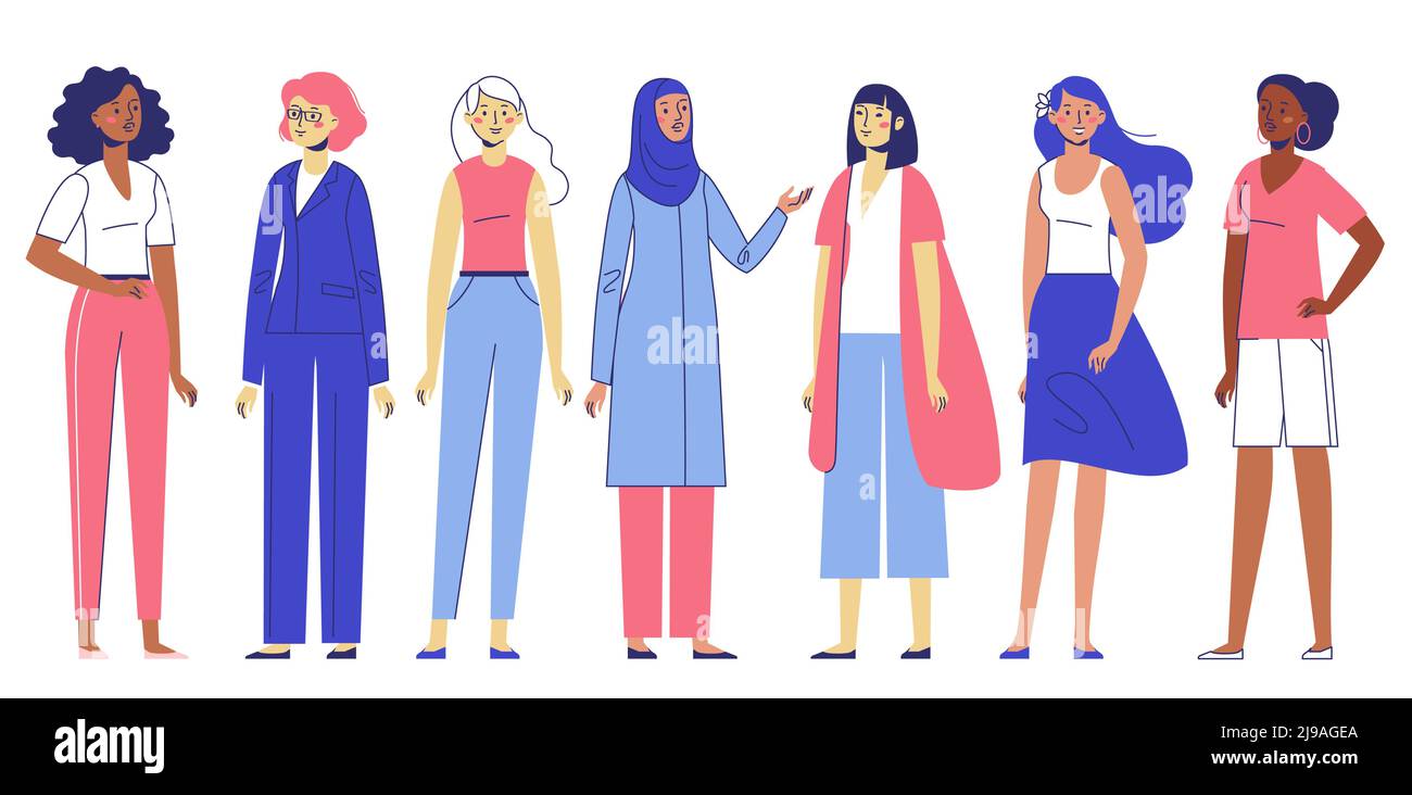 Happy young girls friends. Flat illustration isolated on white ...