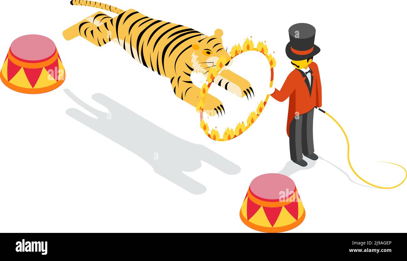 Tiger jumping through ring. Flat isometric 3d vector illustration. Fire ...