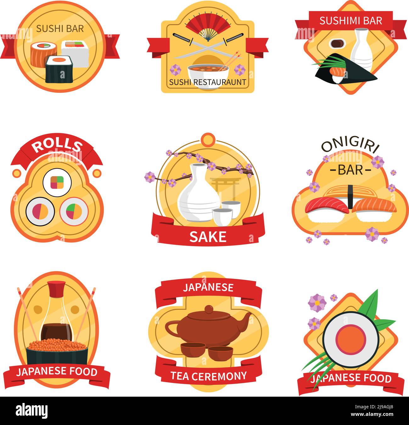 Sushi and traditional japanese food label set isolated vector ...
