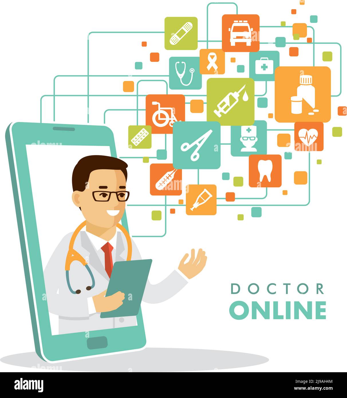 Young doctor man on smartphone screen and healthcare icons. Mobile app ...