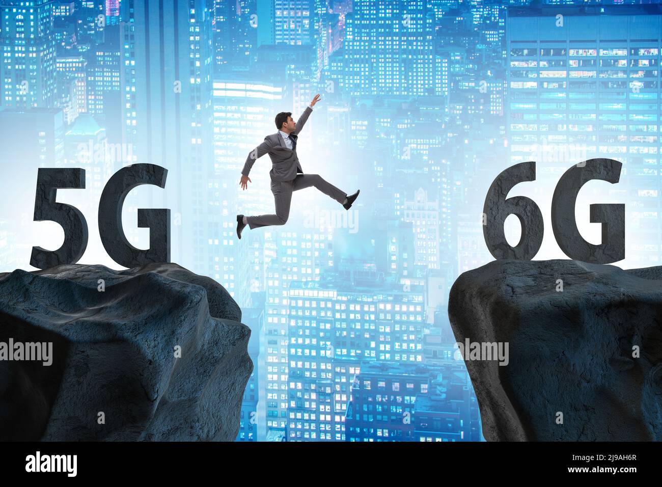 Concept of moving from 5g technology to 6g with jumping people Stock ...