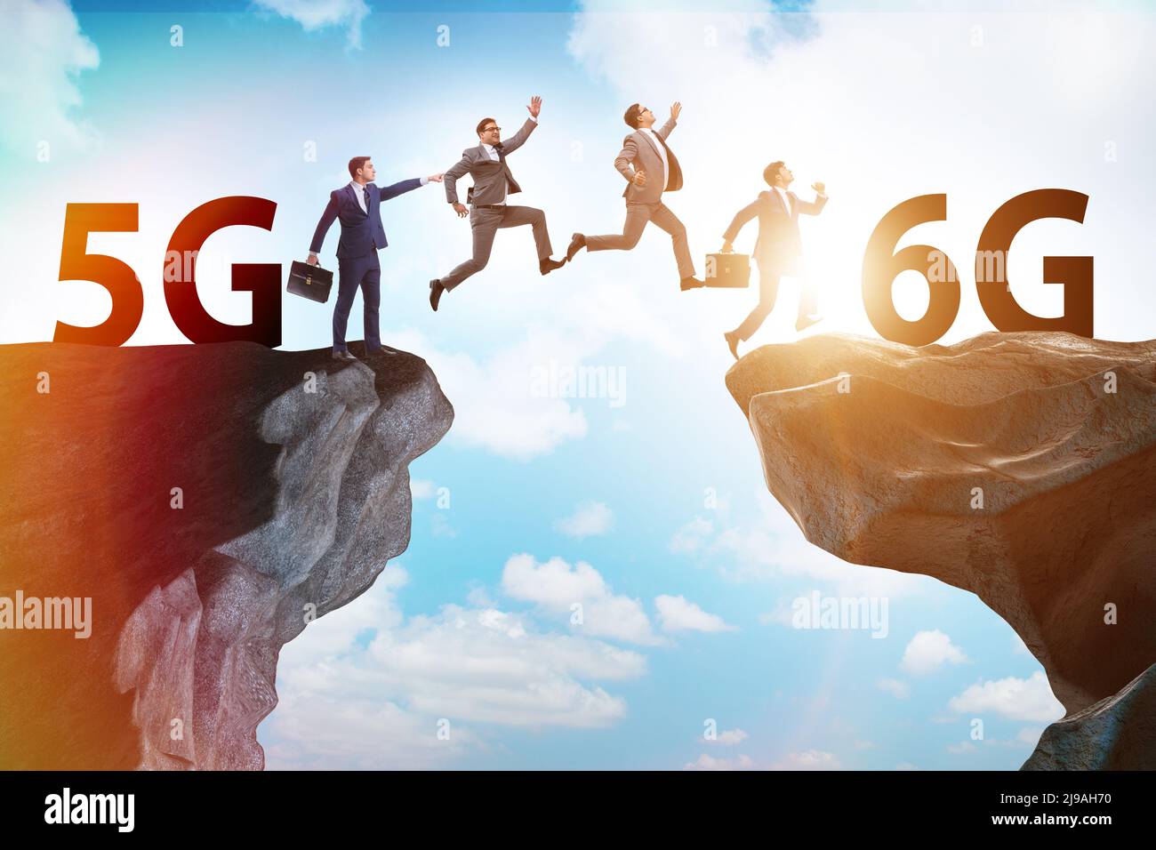 Concept of moving from 5g technology to 6g with jumping people Stock ...