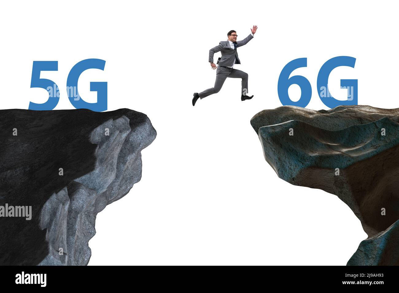 Concept of moving from 5g technology to 6g with jumping people Stock ...