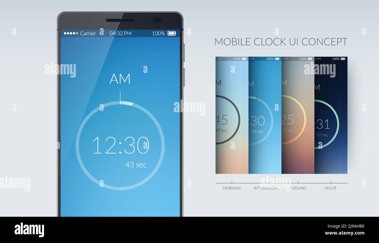 Mobile clock interface ui design concept on light background flat ...