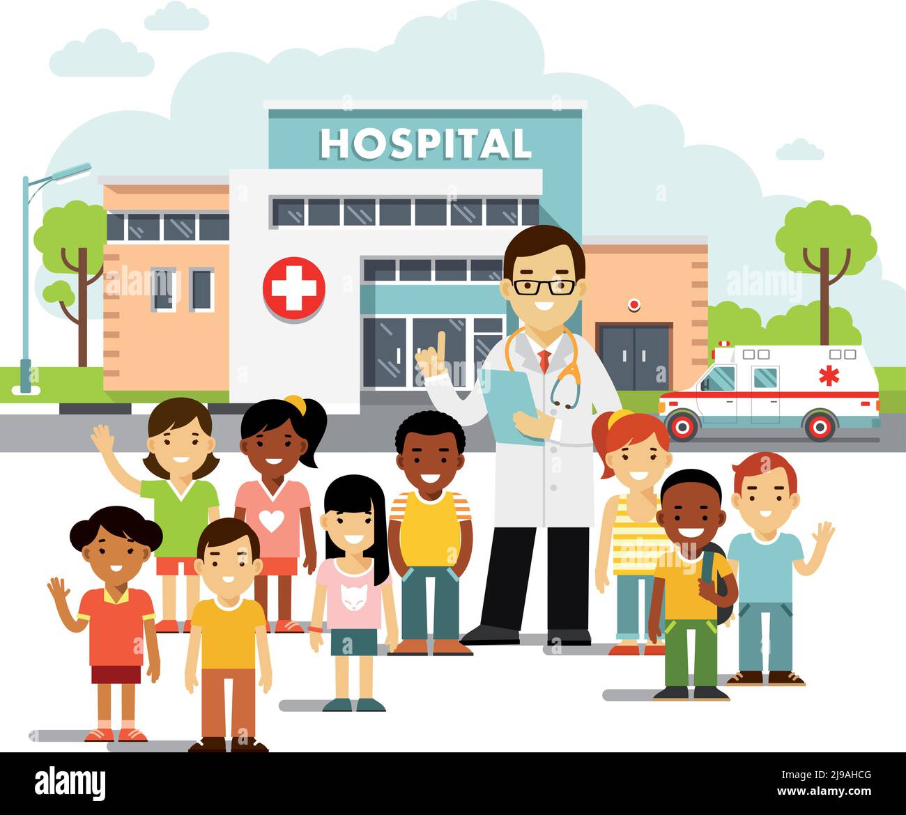 Doctor and group of kids standing together on hospital background ...