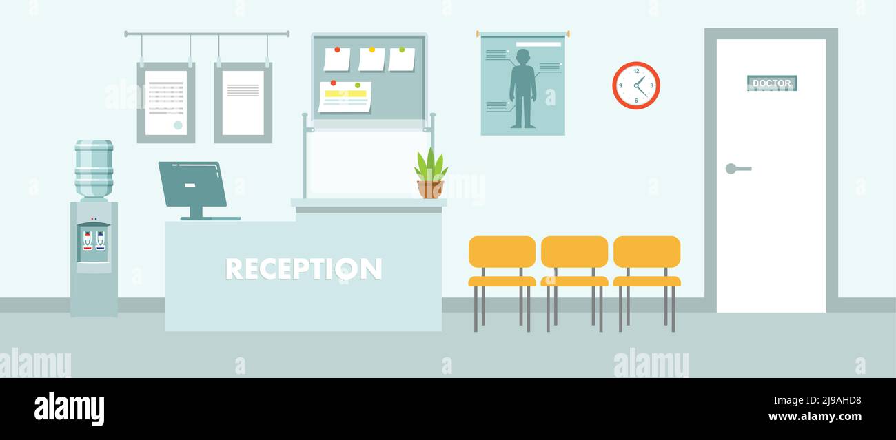 Modern hospital reception interior with furniture and equipment. Vector ...