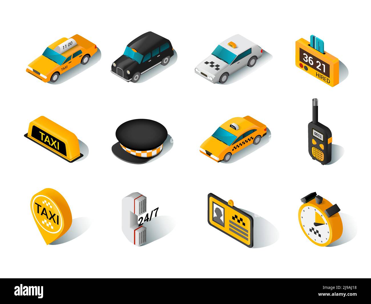 Modern urban yellow hired taxi car accessories and driver hat isometric ...
