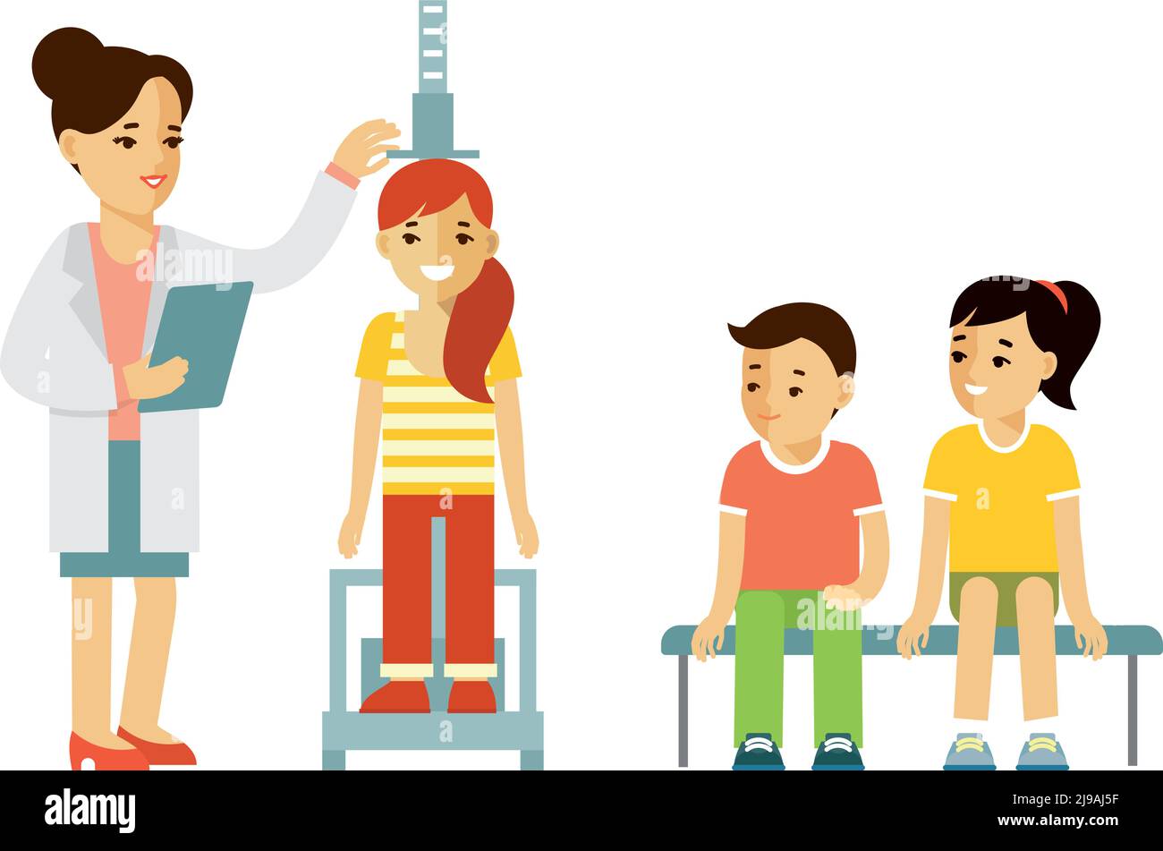 Doctor measures the growth of a kid in hospital. Vector illustration in ...