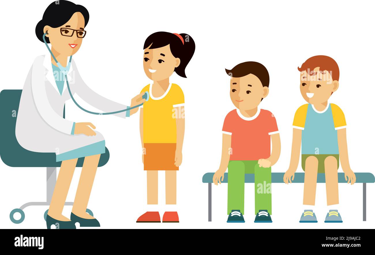 Doctor doing medical examination of group of kids with stethoscope ...