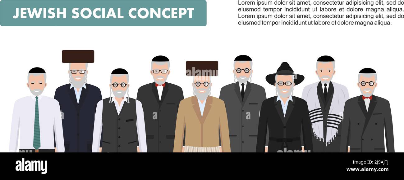 Jewish men standing together in different traditional clothes on white ...