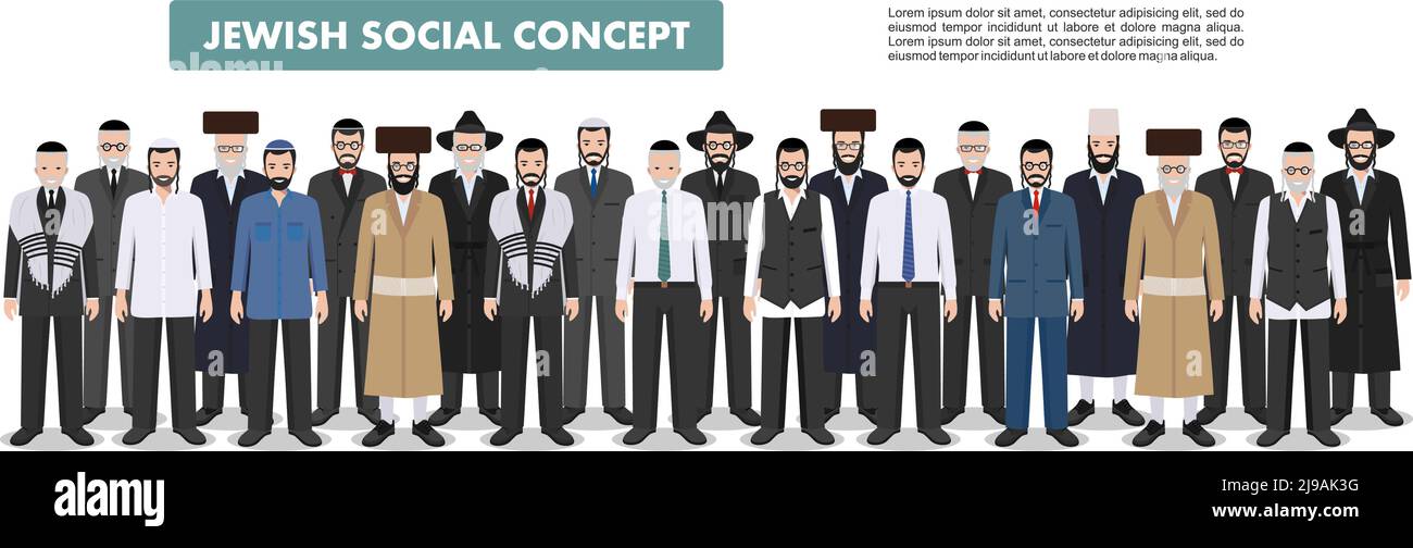 Jewish men standing together in different traditional clothes on white ...