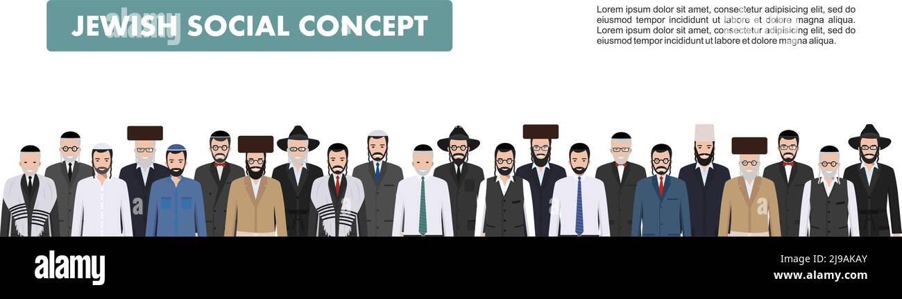 Jewish men standing together in different traditional clothes on white ...