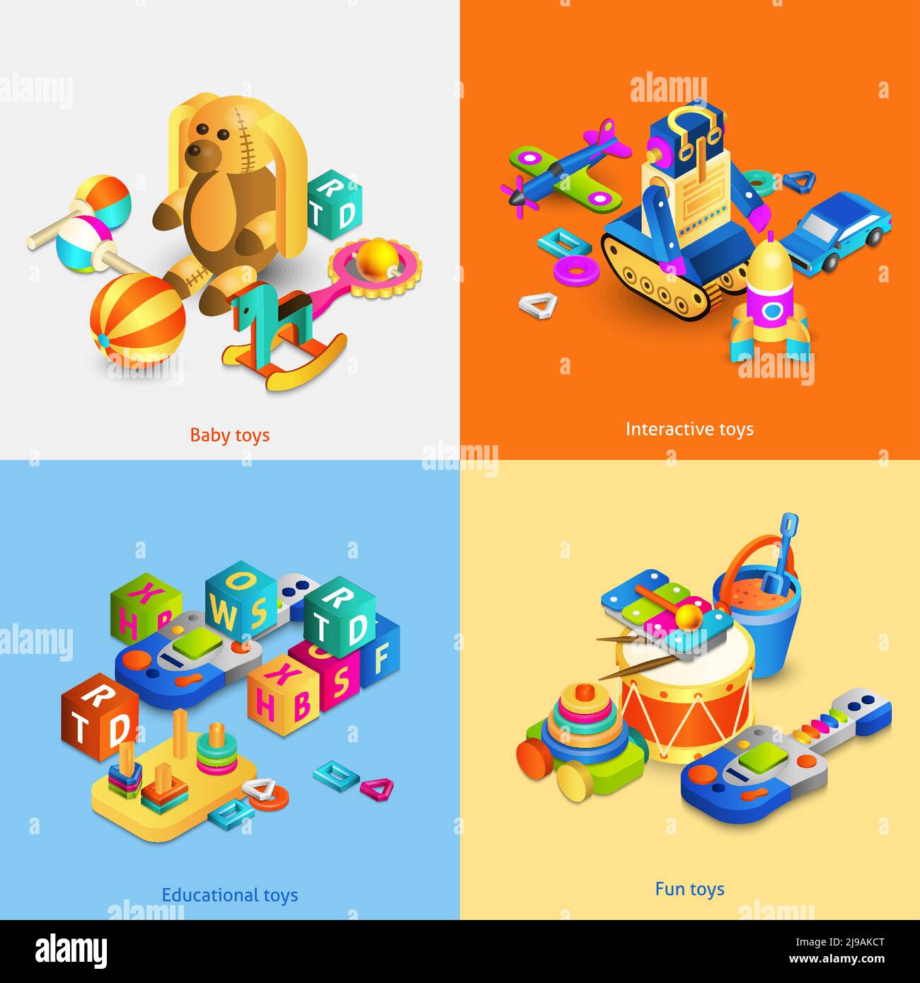 Toys design concept set with isometric baby fun interactive toys ...