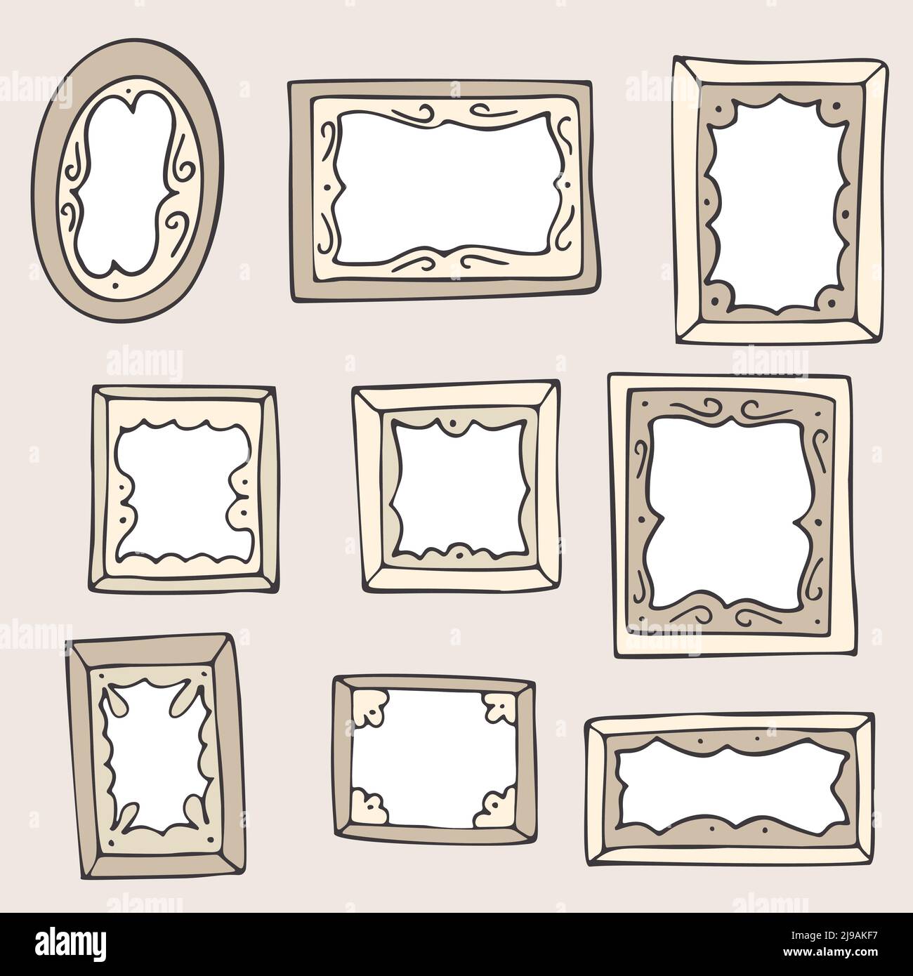 Set of hand drawn doodle vintage frames, squares, vector borders design elements with white ...