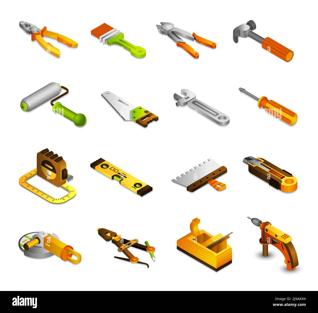 Tools isometric icons set with 3d saw paint roller pliers isolated ...