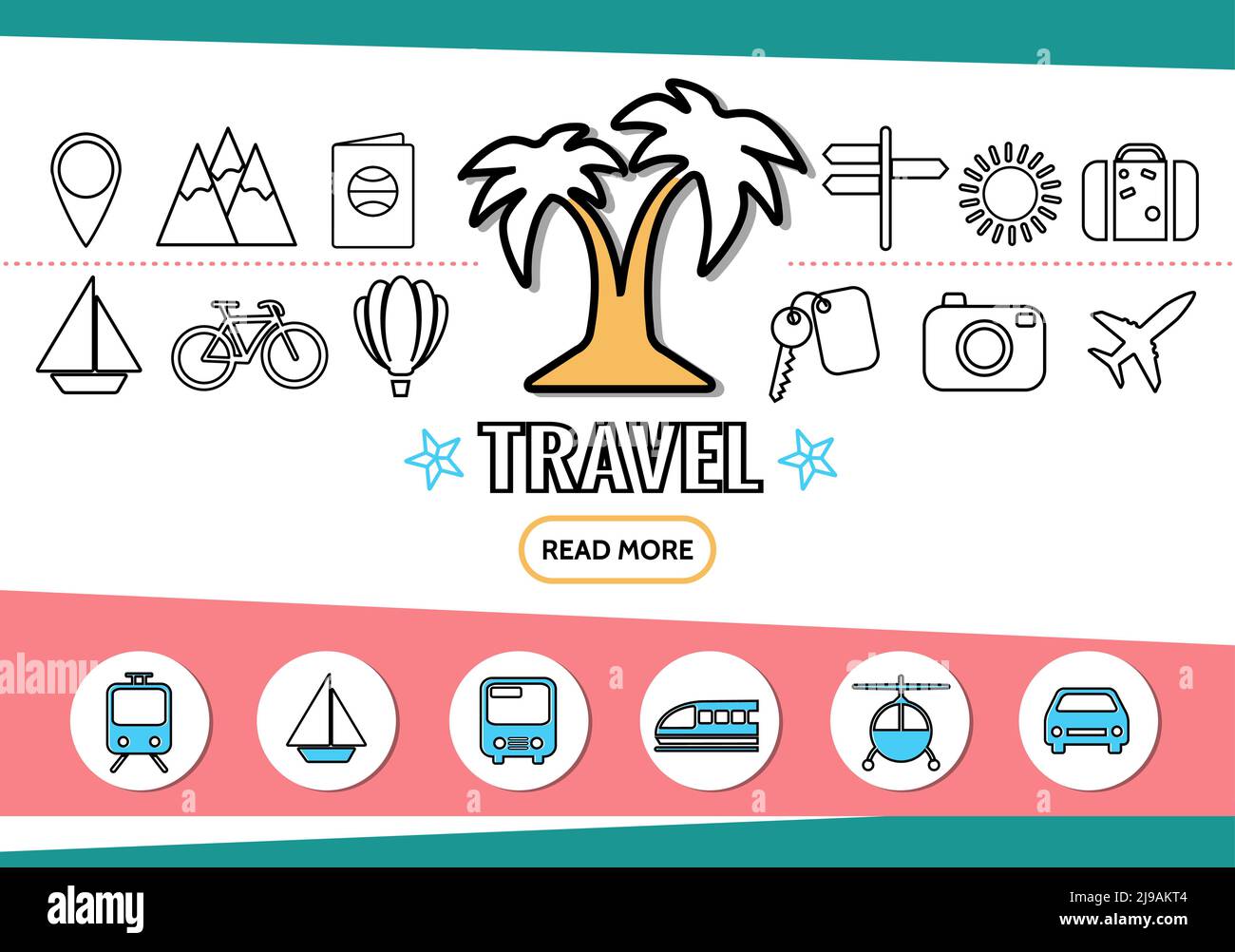 Travel line icons set with palm tree transport navigation pin mountains ...