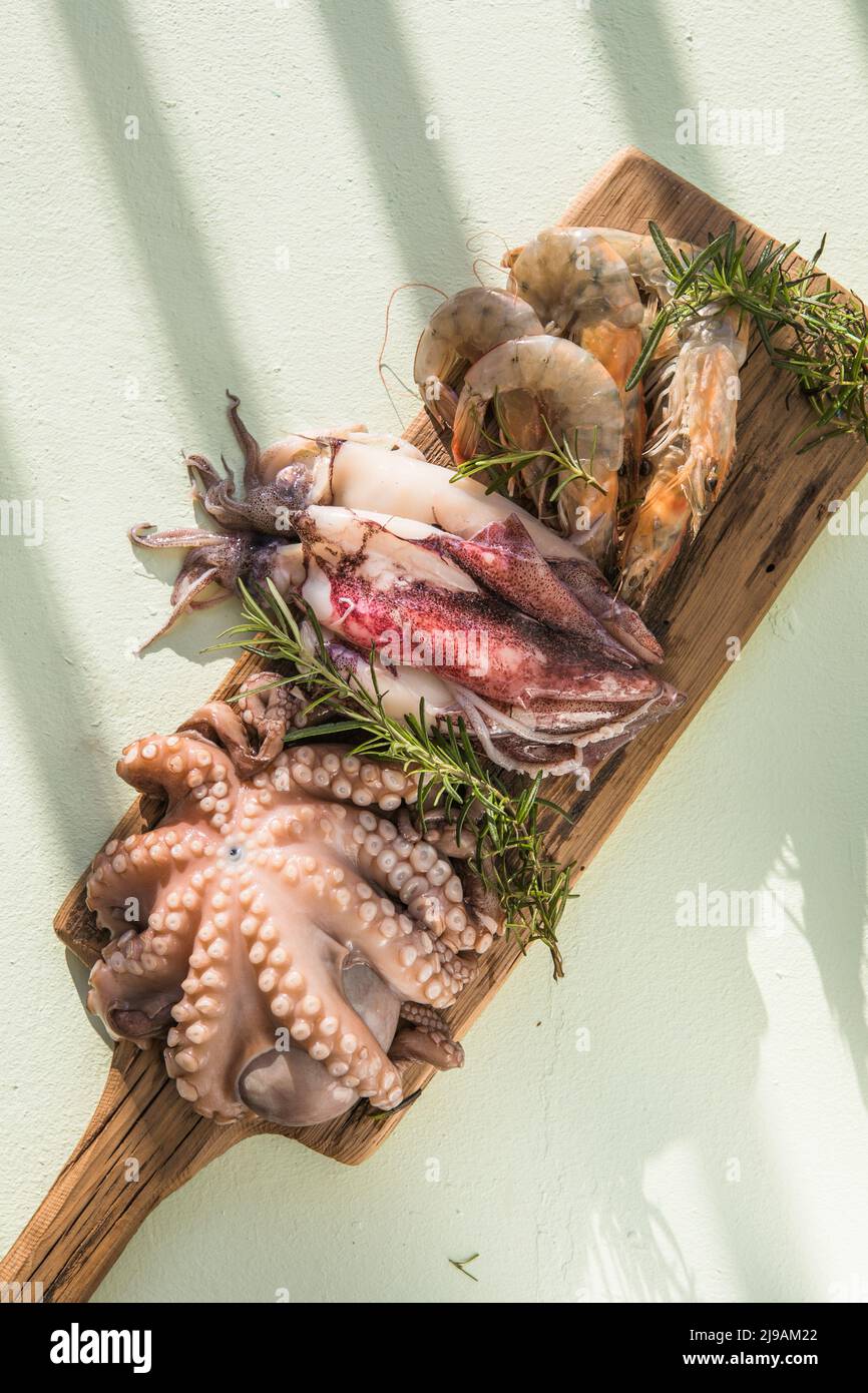 Octopus is raw, ready to cook. Creative concept of healthy food with ...