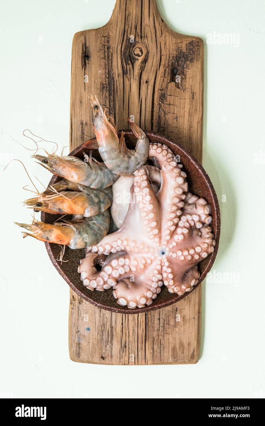 Octopus is raw, ready to cook. Close-up of a fresh raw octopus. seafood ...