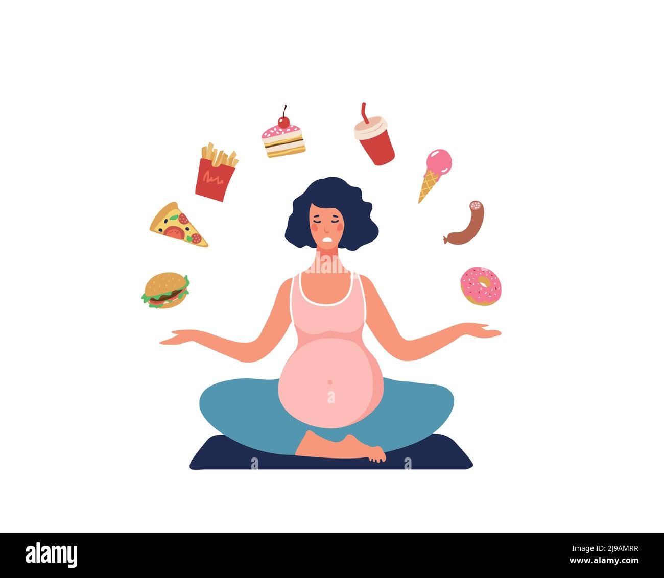 Unhealthy diet during pregnancy and lactation. Woman surrounded by fast ...