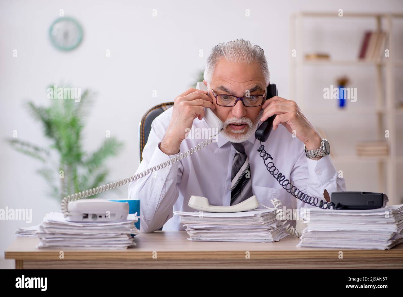 Old businessman employee and too much work at workplace Stock Photo - Alamy