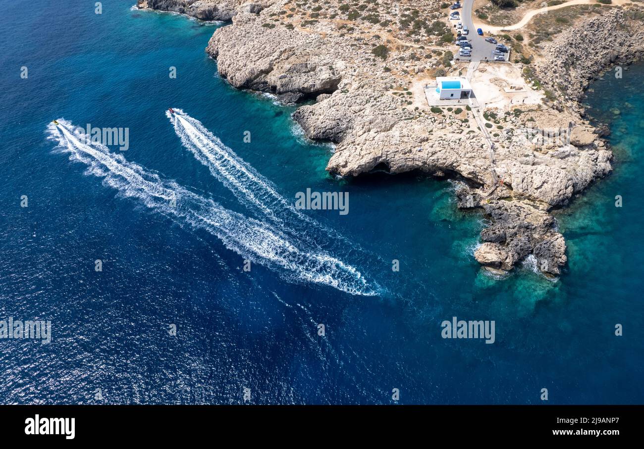 Aerial view of speed motor boat on open sea Stock Photo - Alamy