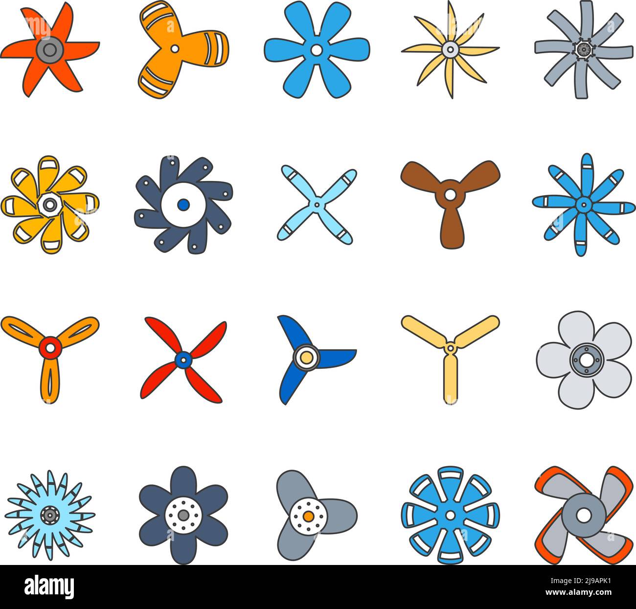 Propeller and paddle flat icons set. Rotate and power wind, turbine and ...