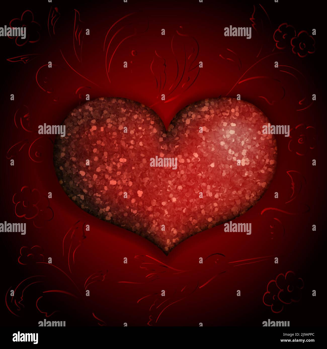 shiny heart on burgundy background with flowers and birds Stock Vector ...