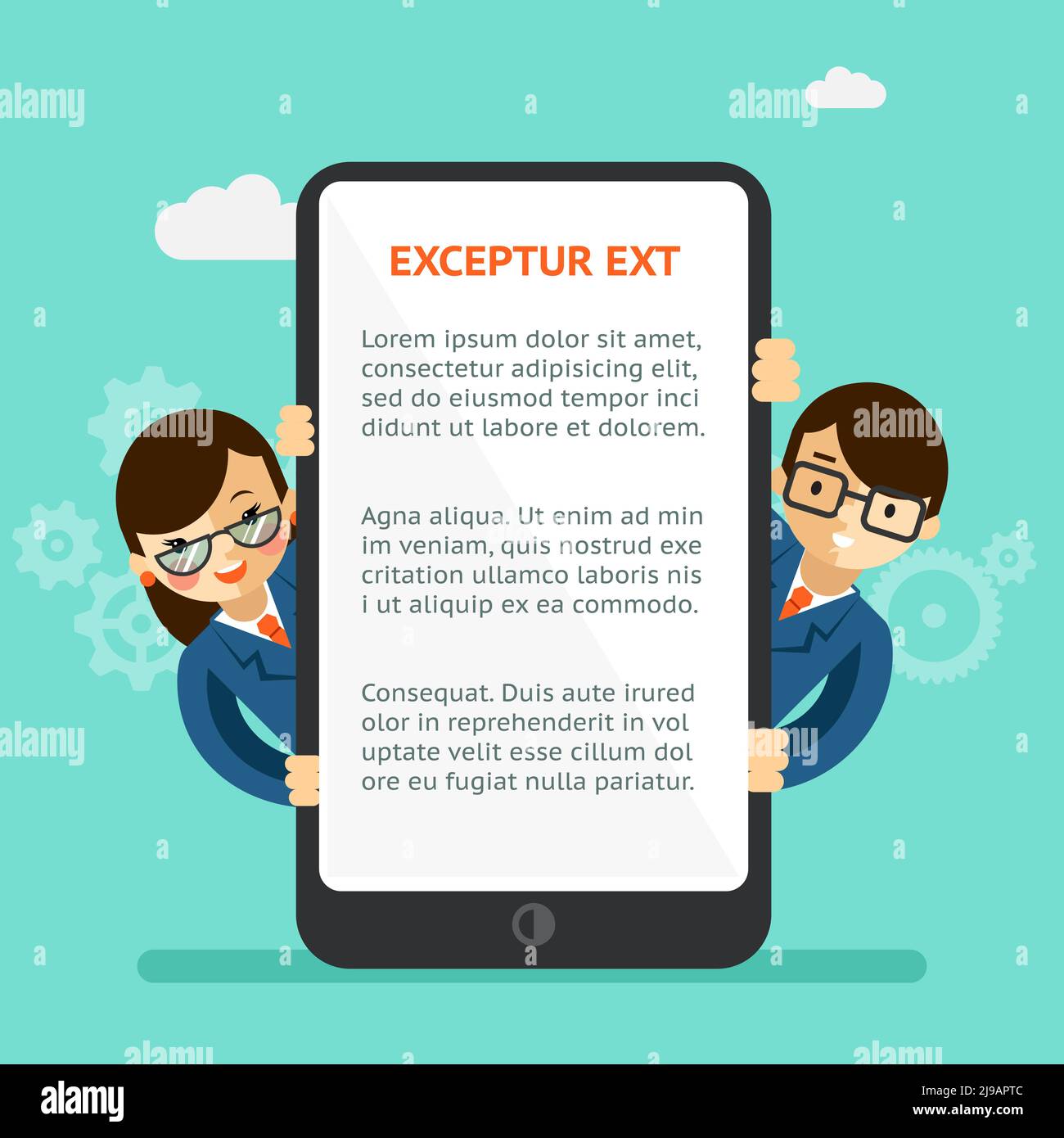 Mobile app presentation. Man and woman in costume, look out for the ...