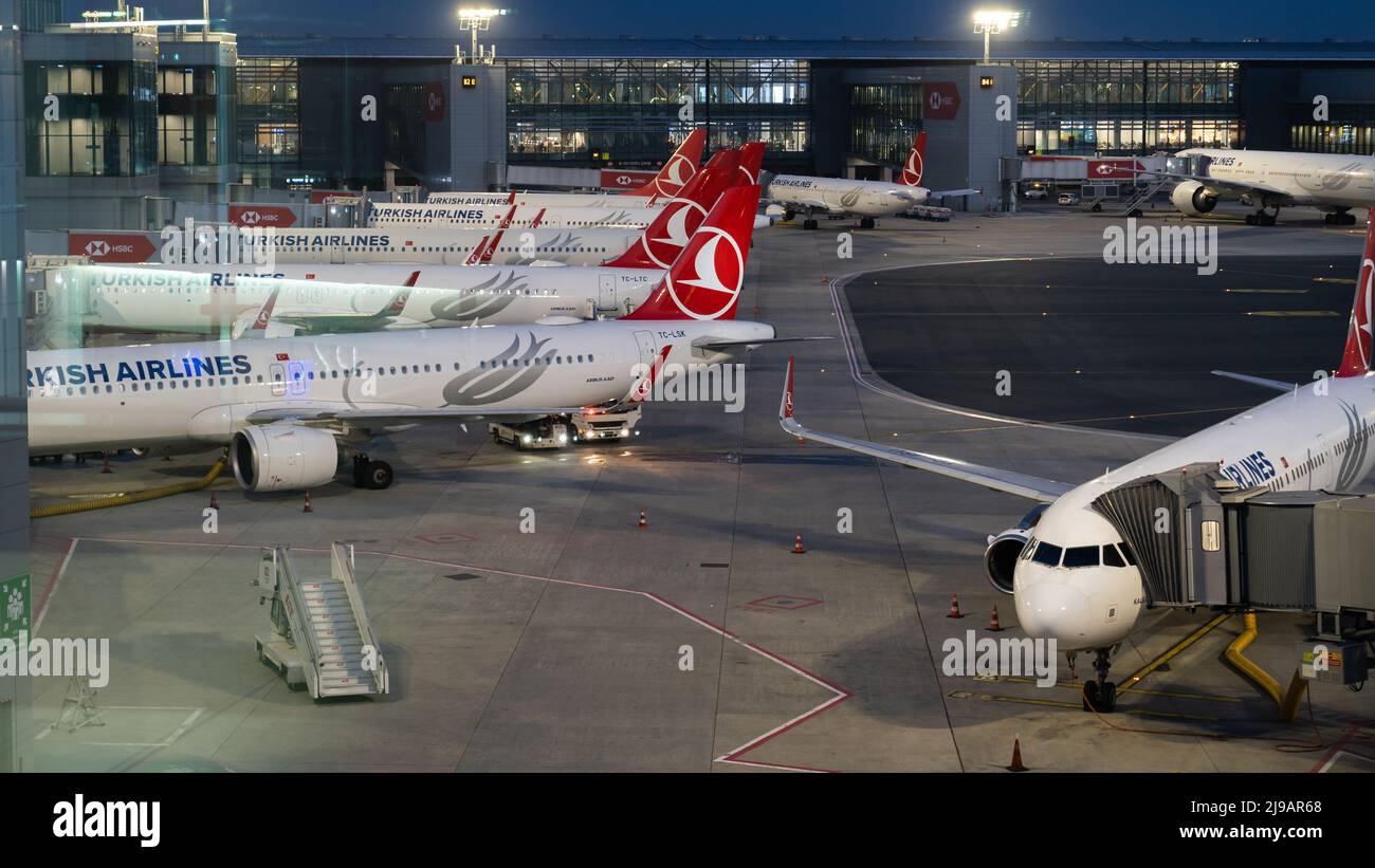 Night view of Istanbul airport with parked Airbus airplane through the ...