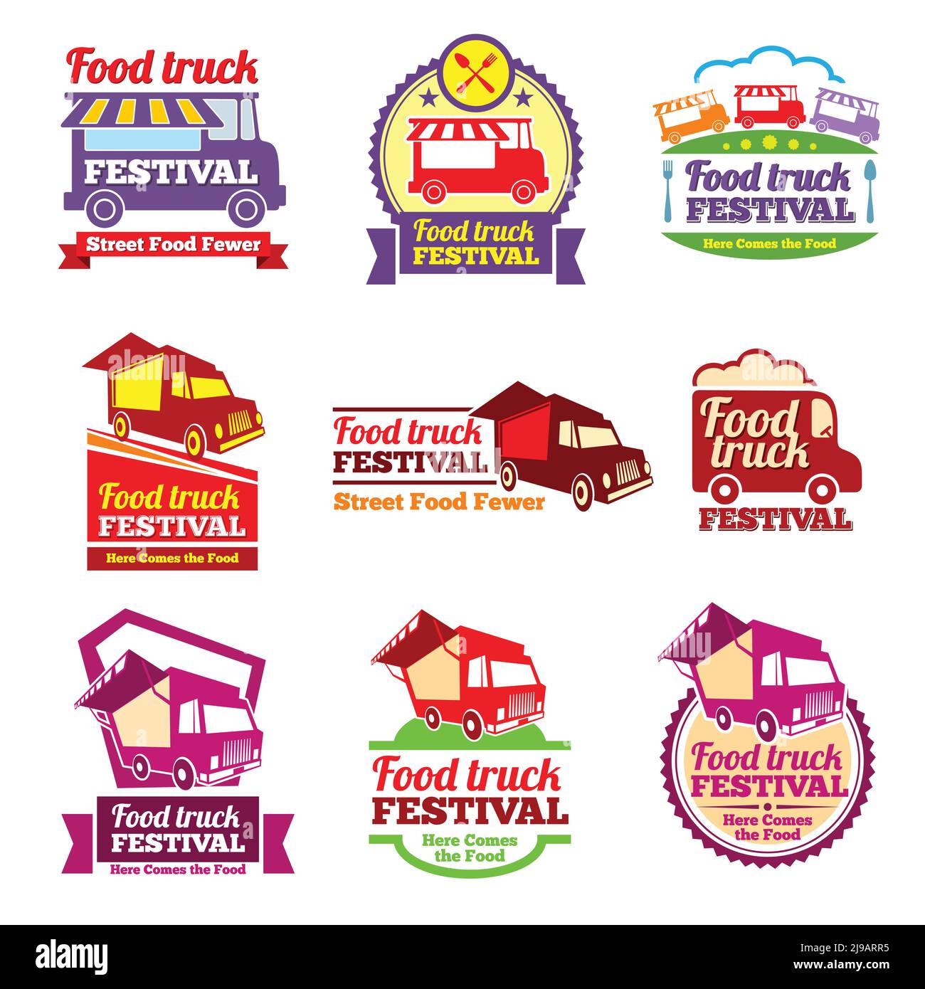 Street food festival color labels set. Cafe urban, mobile market, event ...