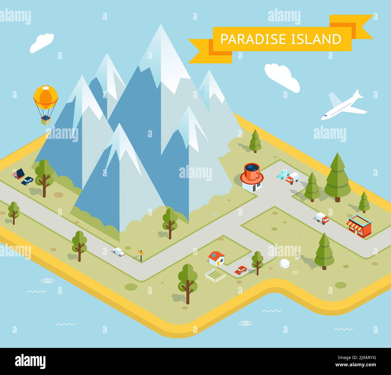 Travel banner. Paradise island isometric flat map. Nature and vacation ...