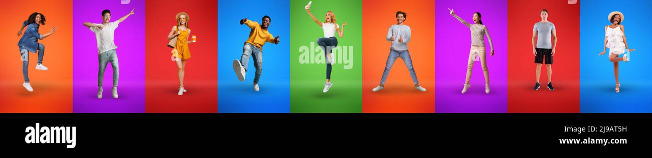 Active millennials posing on colorful backgrounds, set of studio shots ...