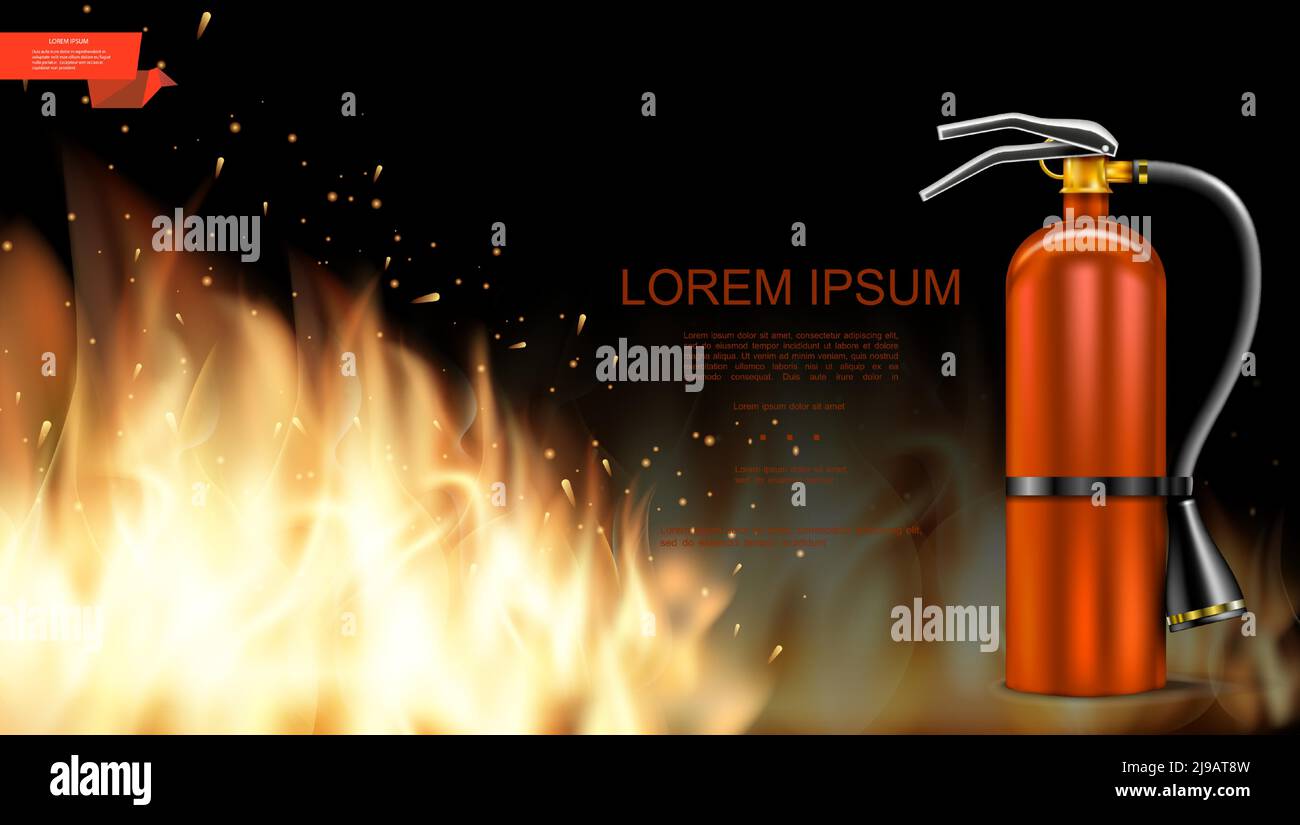 Realistic burning flame template with fire extinguisher and bright ...