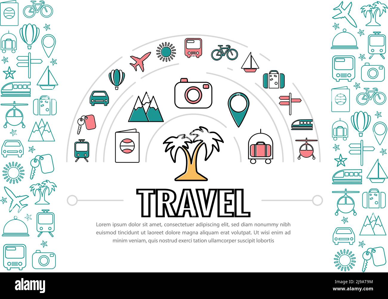 Travel line icons template with palm tree tram key car airplane sun bus ...