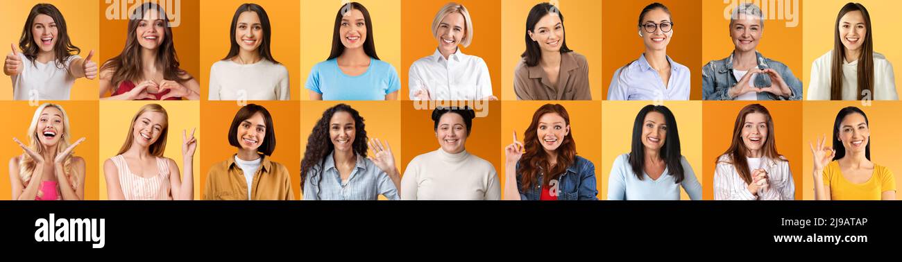 Happy Ladies. Smiling Faces Of Diverse Caucasian Women Posing Over ...