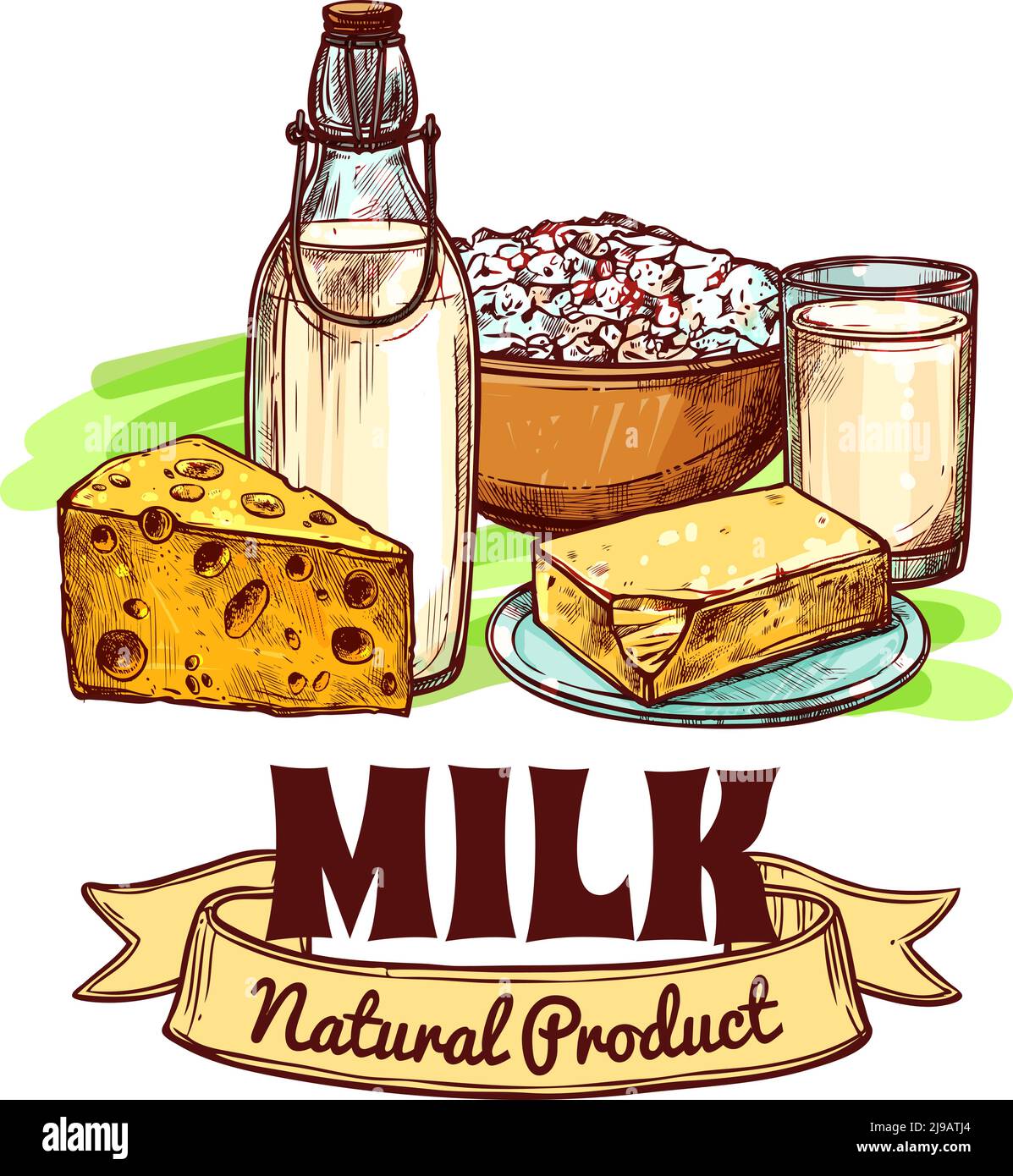 Milk And Natural Dairy Products With Text Logo Sketch Hand Drawn Color