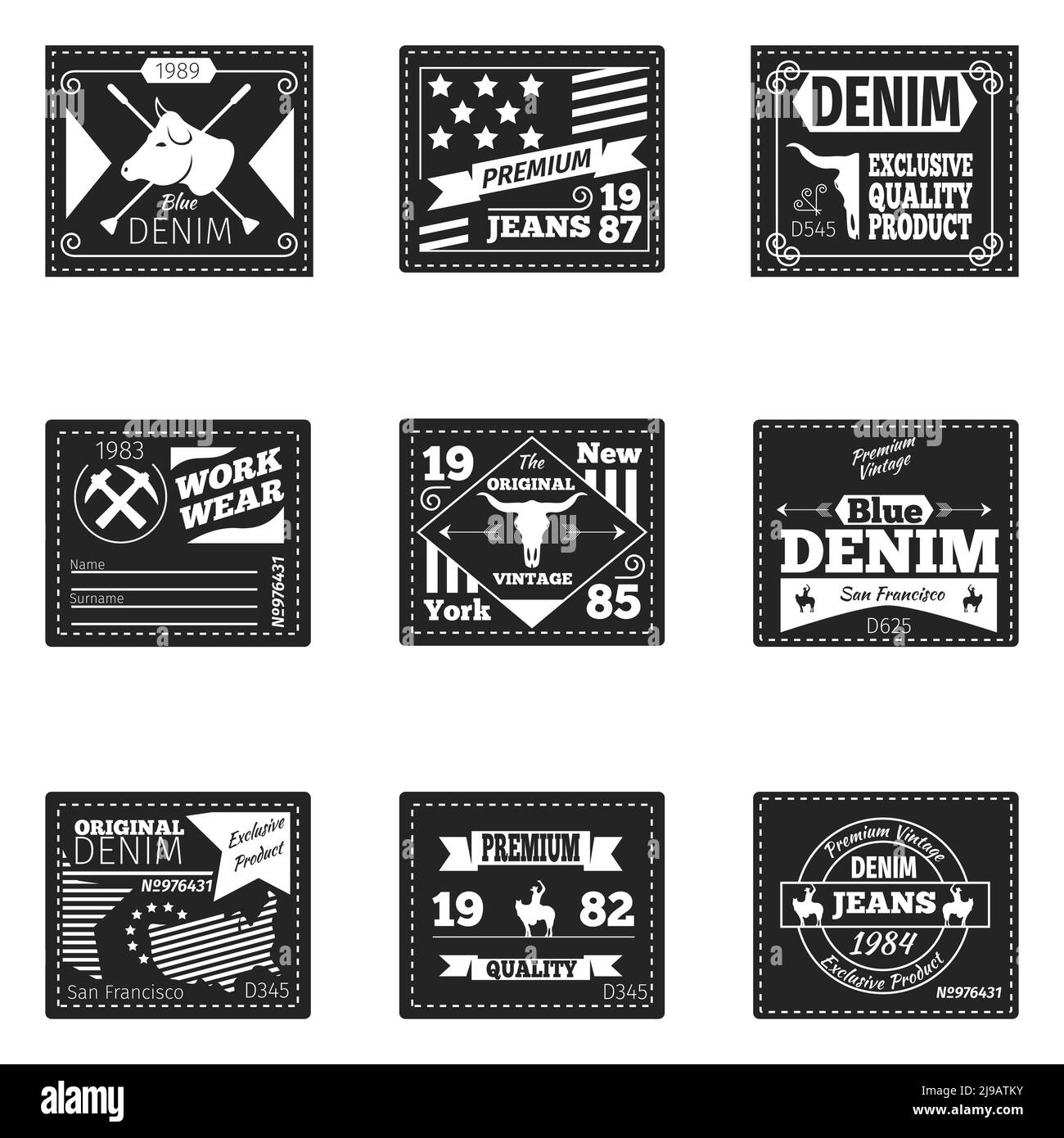 Vector denim emblems or logos set. Design stamp, badge print retro ...