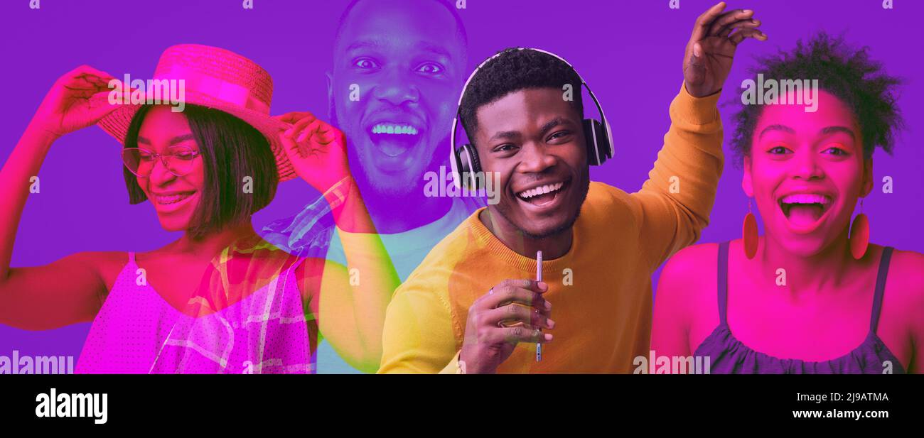 Bright collage for happy black millennials showing positive emotions ...