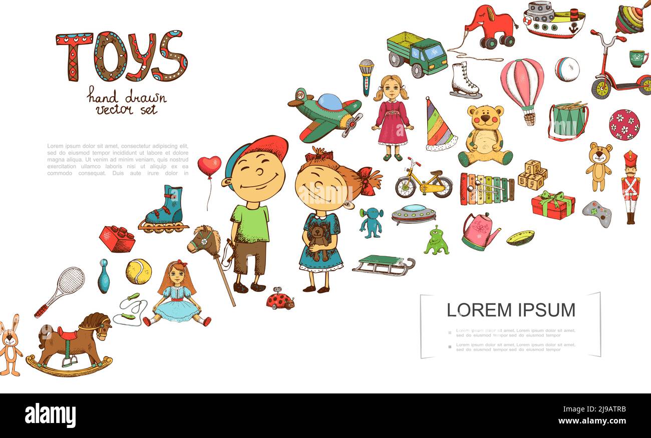 Sketch toys colorful template with boy girl stuffed animals vehicles ...