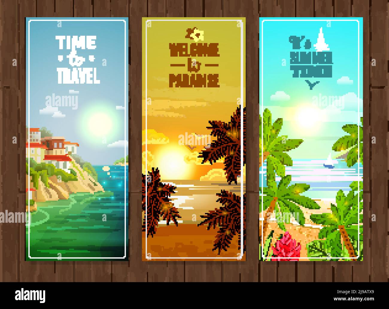 Travel agency paradise vacation vertical banners set with tropical ...