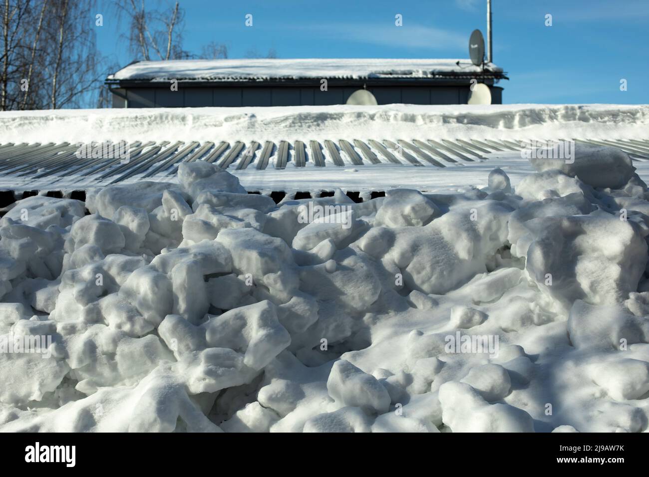 Roof with snow. Snow fell from roof of house. Details of architecture ...