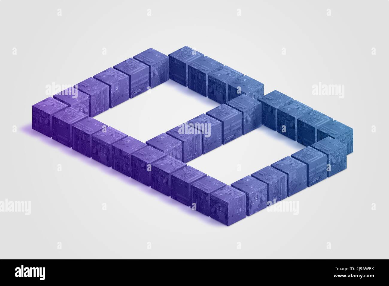 Blockchain blocks arranged in the letter B concept. Purple blue blocks ...