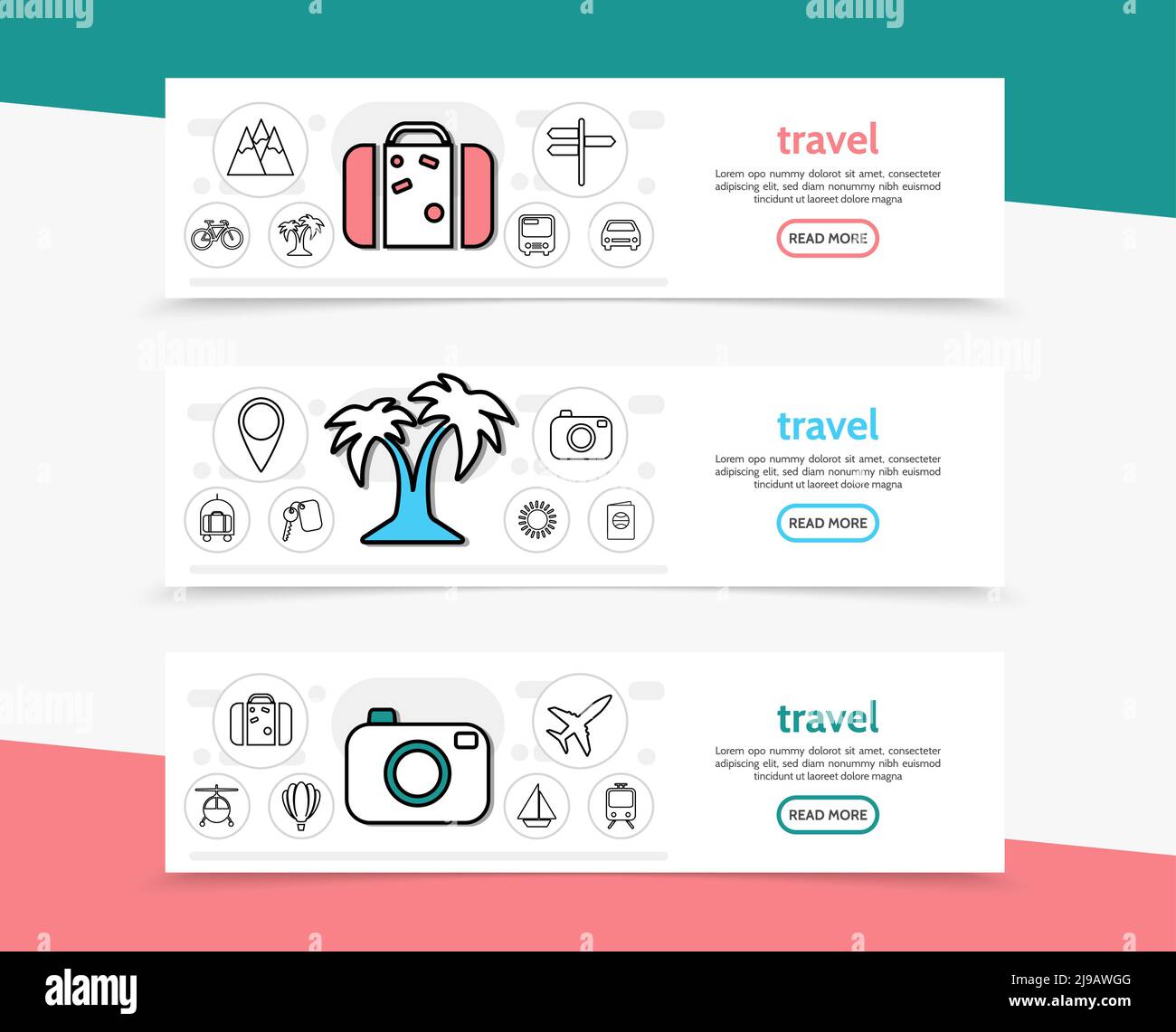 Summer vacation horizontal banners with luggage palm tree camera ...