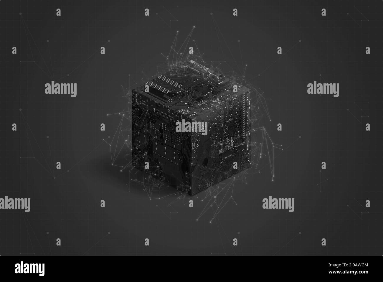 Black blockchain cube or circuit cube with polygons and nodes on black ...