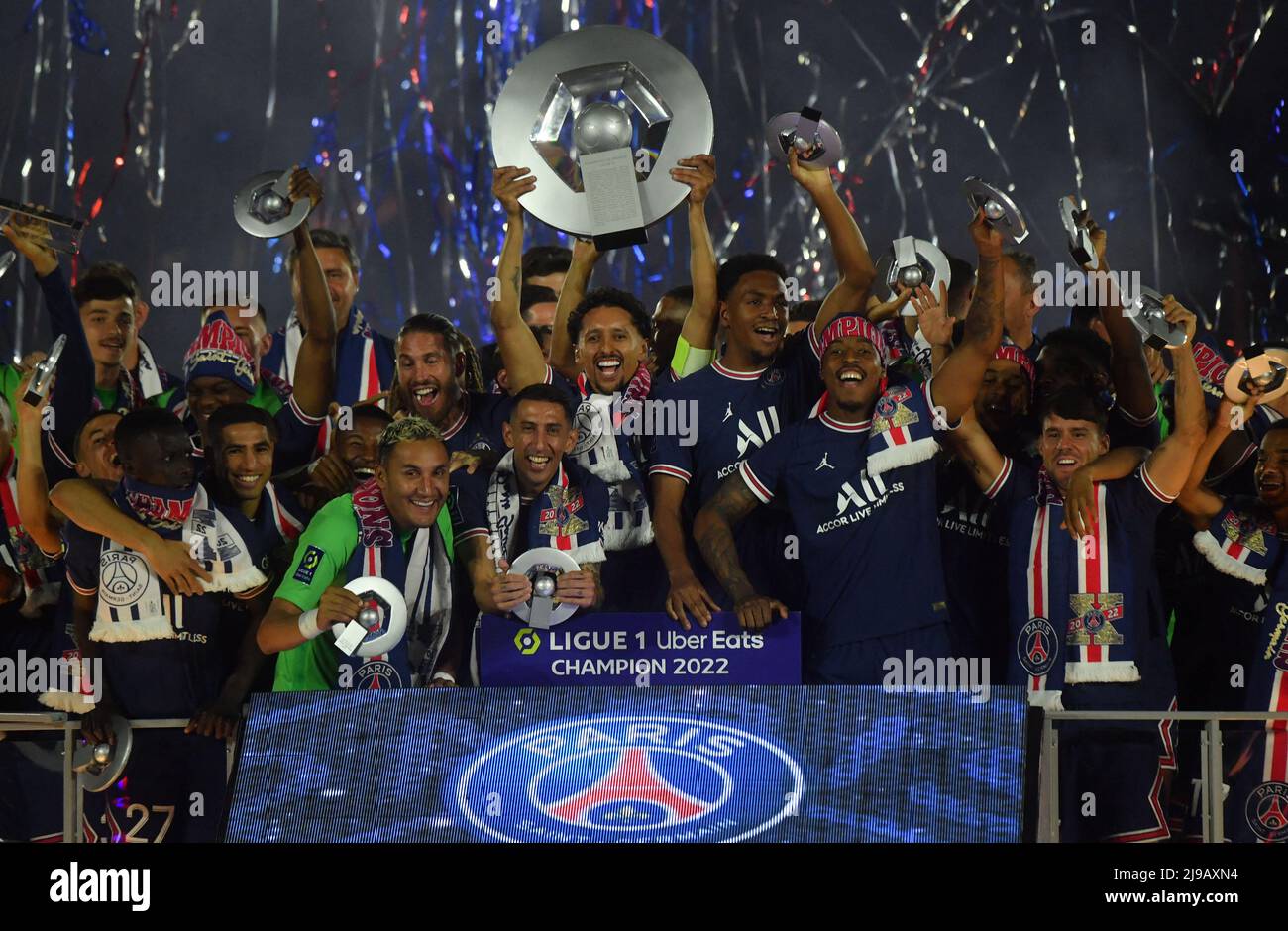 PSG's players celebrates their club's tenth Ligue 1 title during the ...