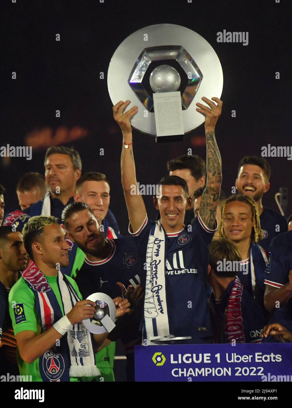 PSG's players celebrates their club's tenth Ligue 1 title during the ...