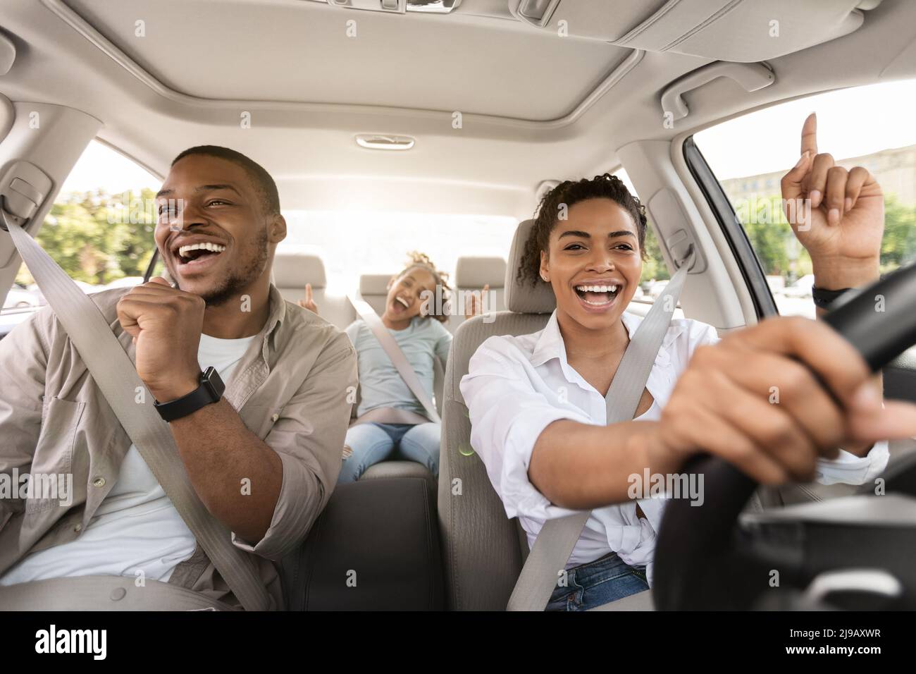Black Family Singing Riding Car Having Fun Enjoying Road Trip Stock ...