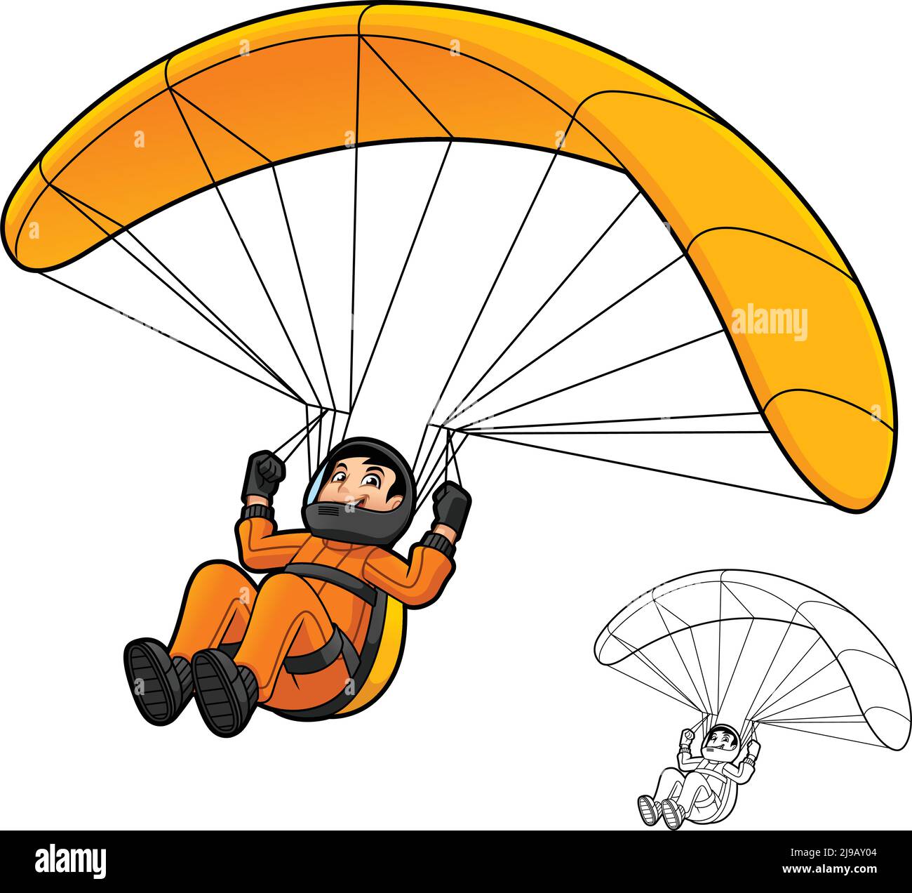 Man Riding Parachute with Black and White Line Art Drawing, Extreme ...