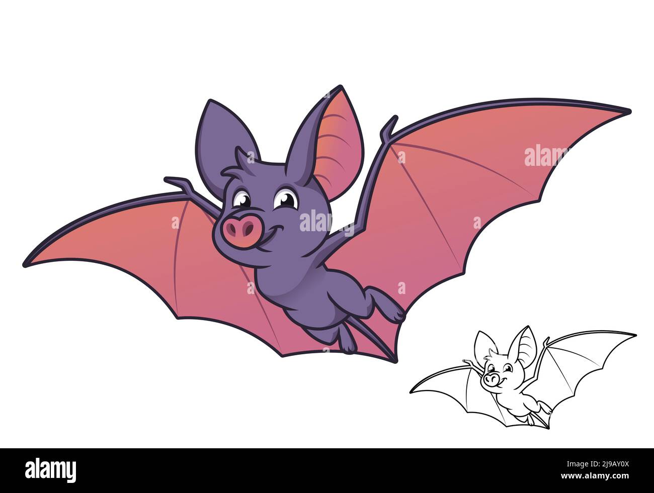Cute Happy Baby Bat Flying with Black and White Line Art Drawing ...