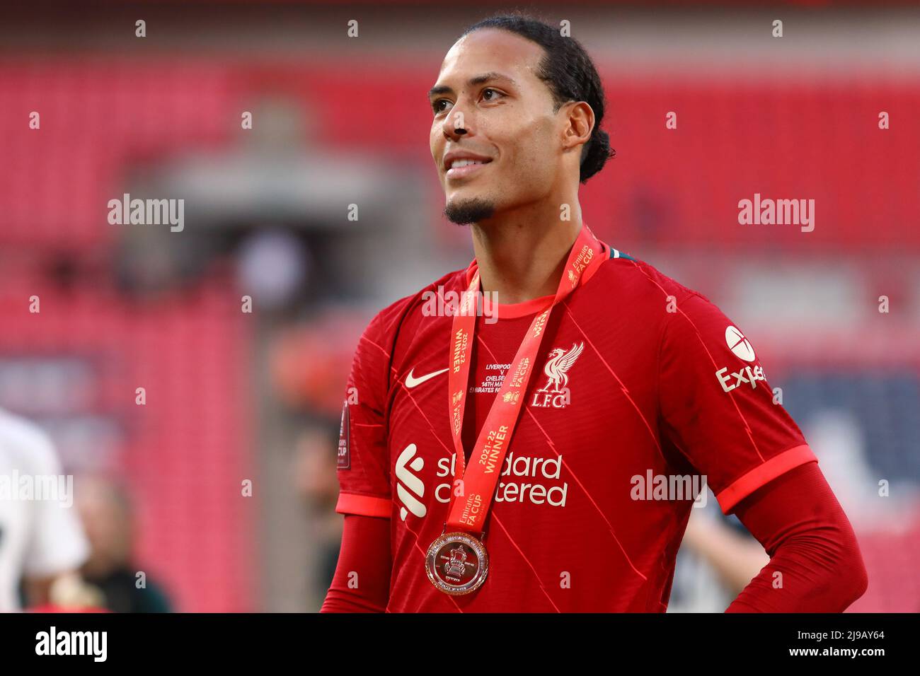 Virgil van Dijk of Liverpool is seen with his winners medal - Chelsea v ...